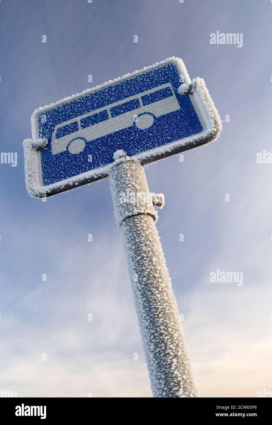 Frosty bus stop sign in Norway Stock Photo - Alamy