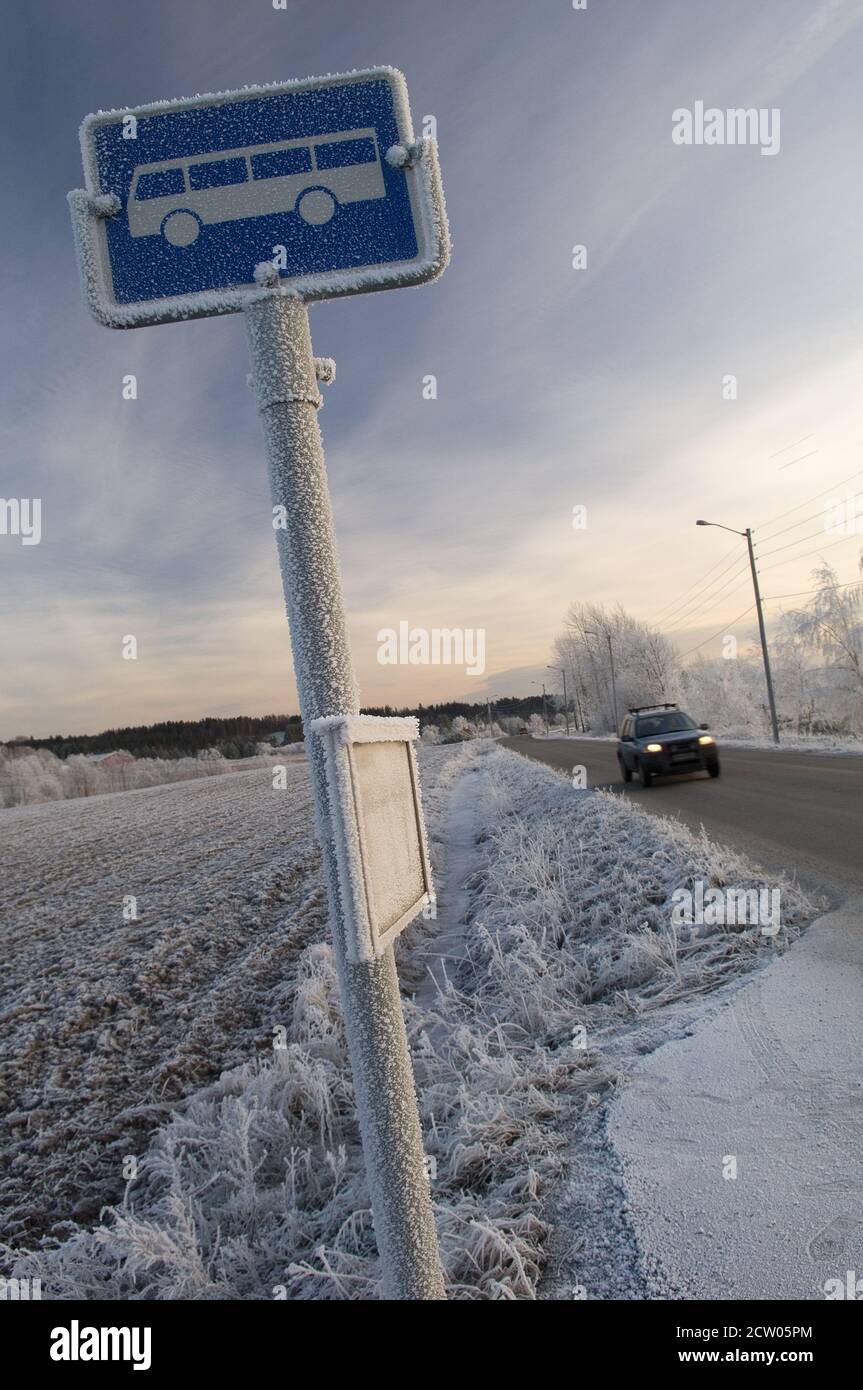 Frosty bus stop sign in Norway Stock Photo - Alamy