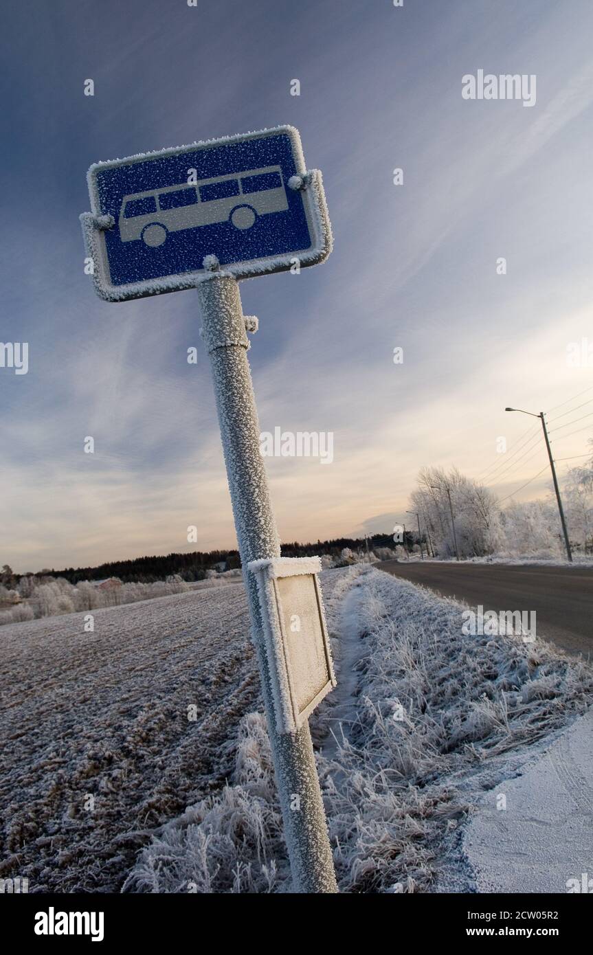 Frosty bus stop sign in Norway Stock Photo - Alamy