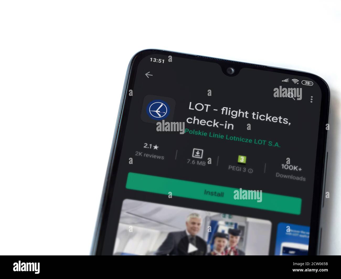 Lod, Israel - July 8, 2020: LOT app play store page on the display of a ...