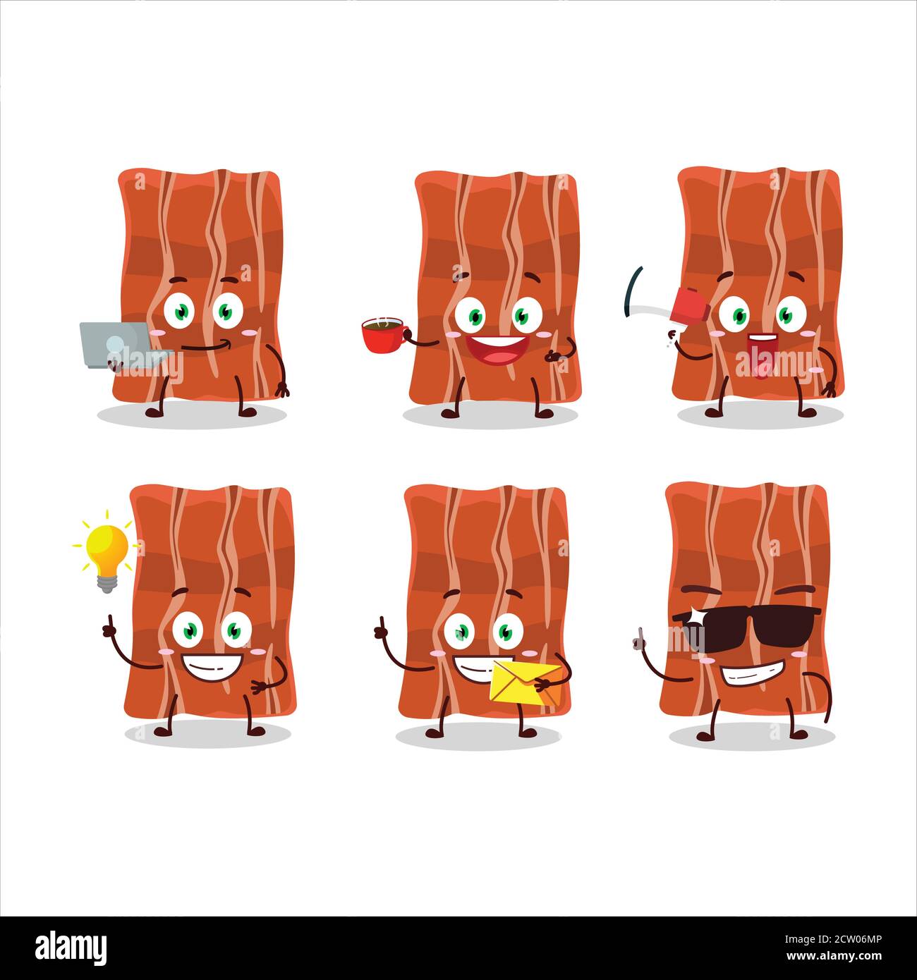 Fried bacon cartoon character with various types of business emoticons ...
