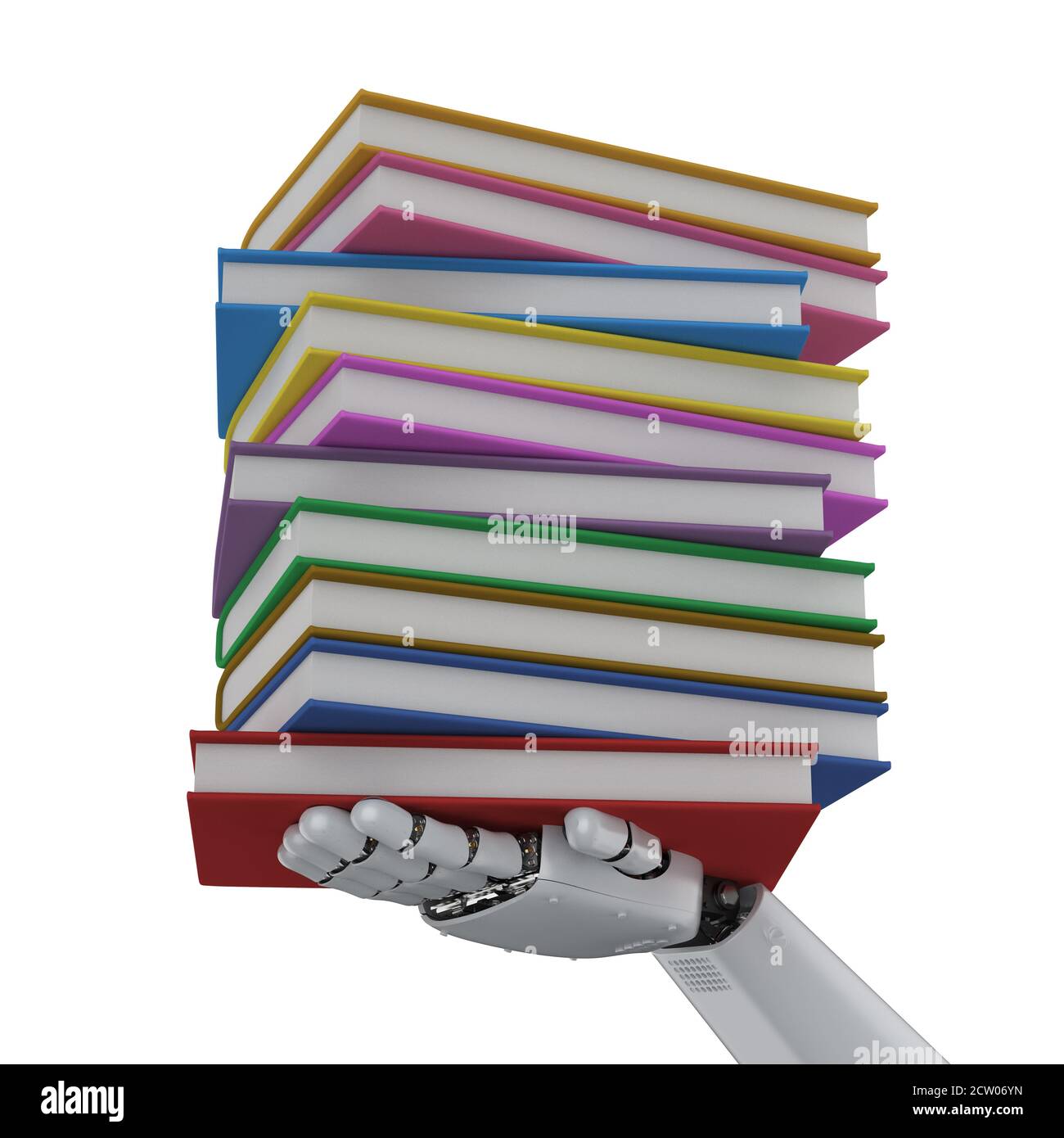 Machine learning concept with 3d rendering humanoid robot and stack of ...