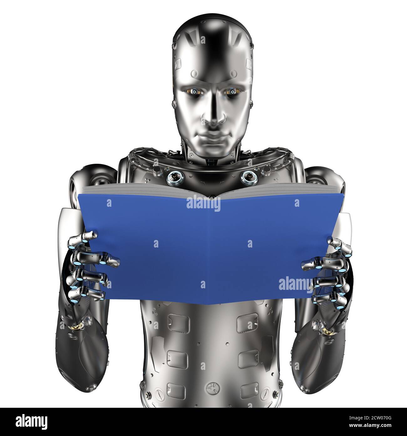 Machine learning concept with 3d rendering humanoid robot reading a ...