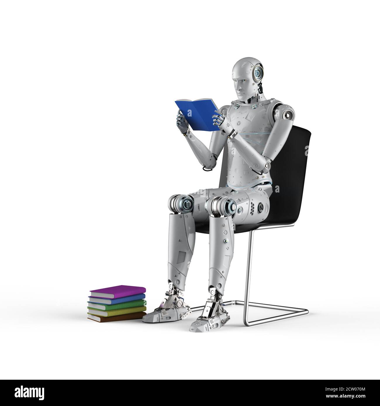 Machine learning concept with 3d rendering humanoid robot and stack of ...