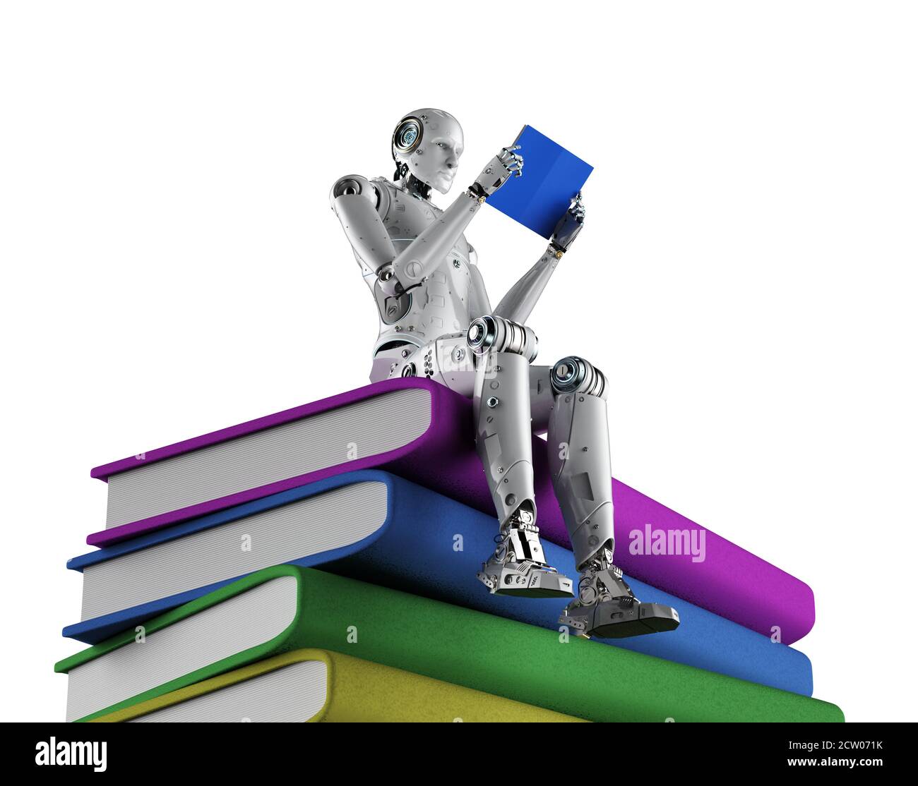 Machine learning concept with 3d rendering humanoid robot and stack of ...