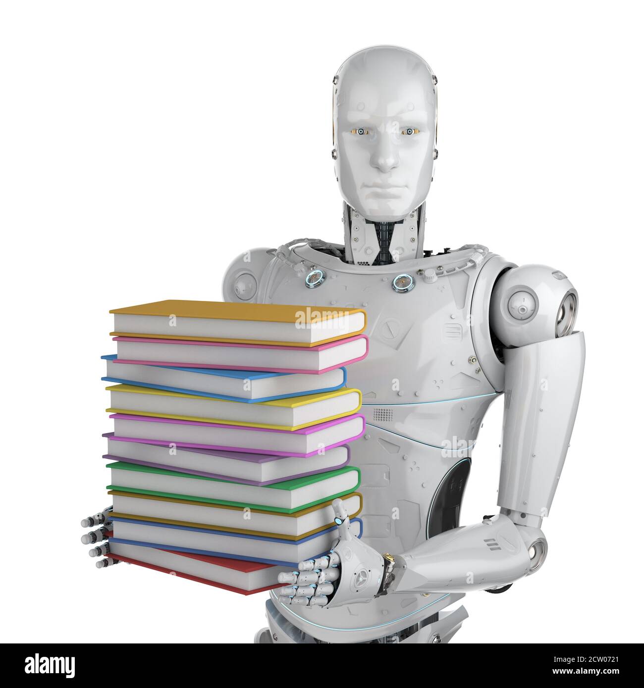 Machine learning concept with 3d rendering humanoid robot and stack of ...