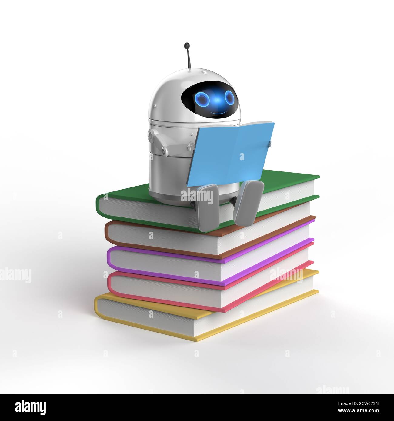 Machine learning concept with 3d rendering mini robot reading a book ...