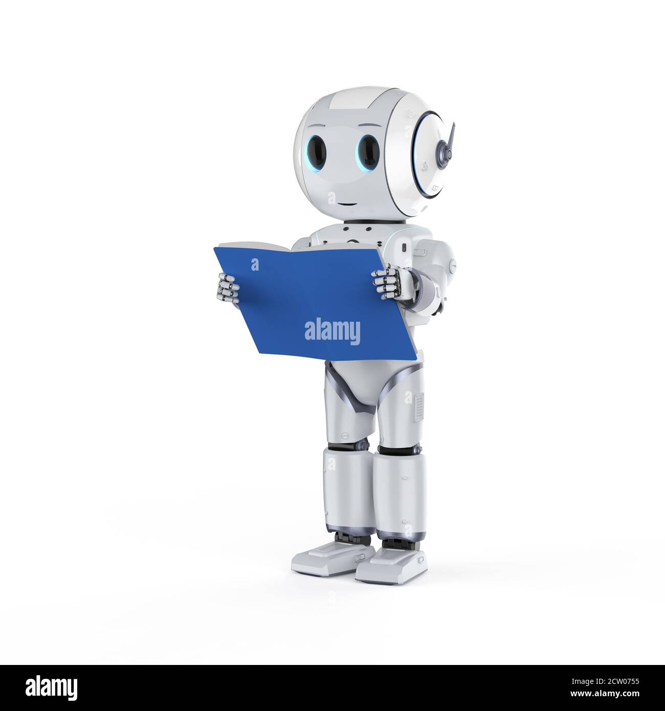 Machine learning concept with 3d rendering mini robot reading a book ...