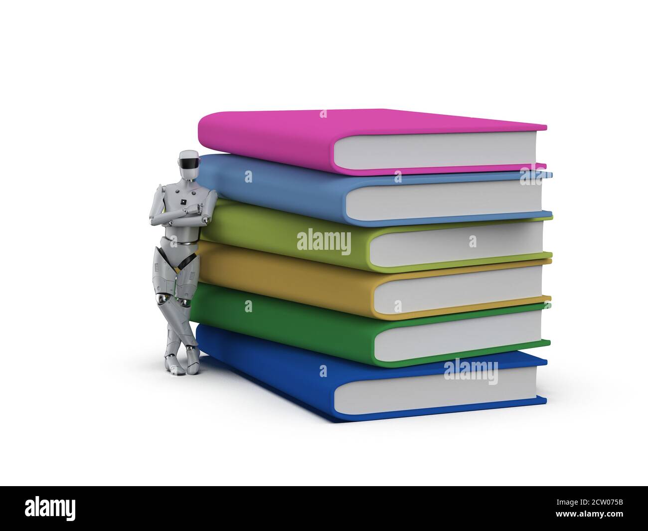 Machine learning concept with 3d rendering humanoid robot and stack of ...