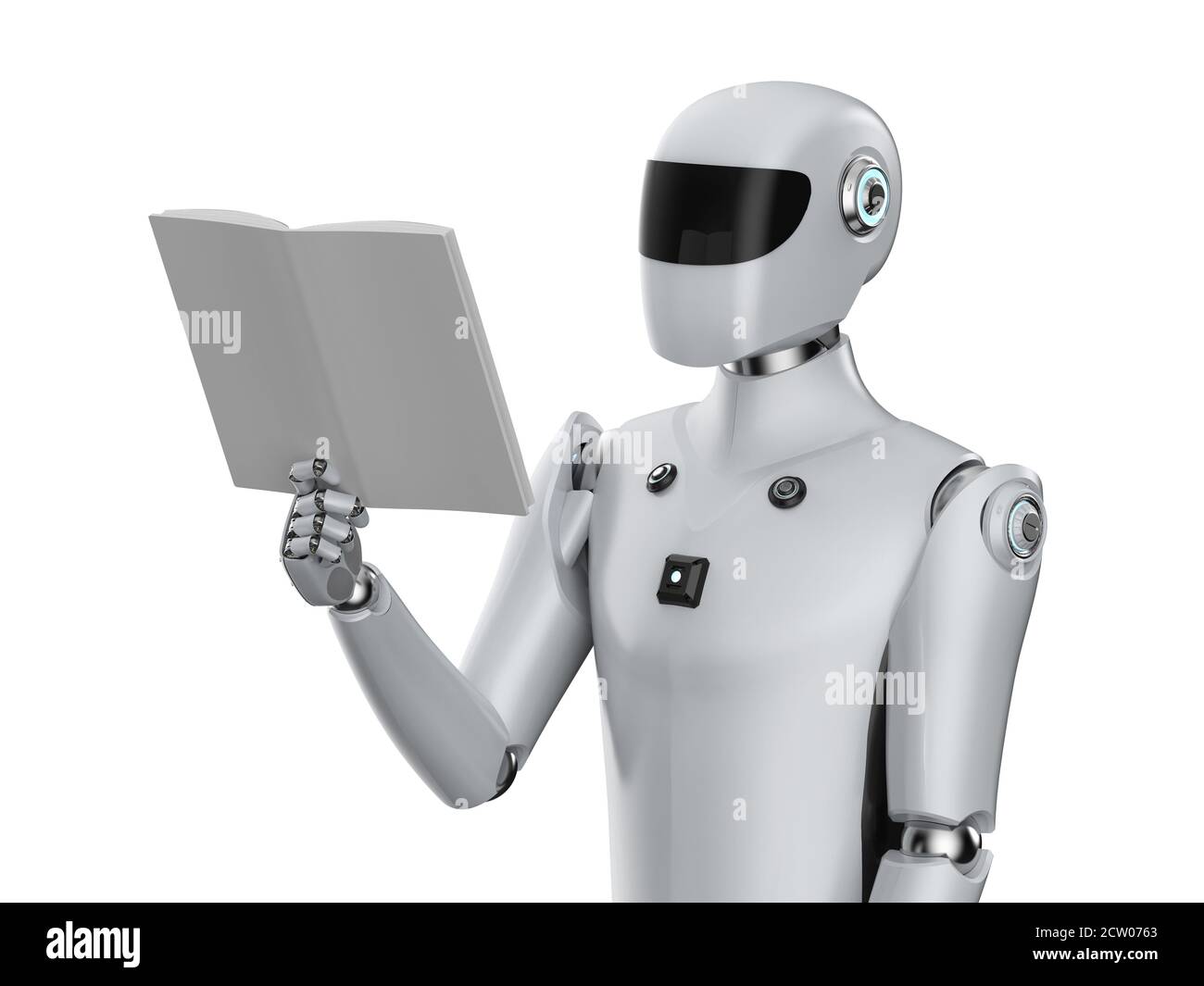 Machine learning concept with 3d rendering humanoid robot reading a ...