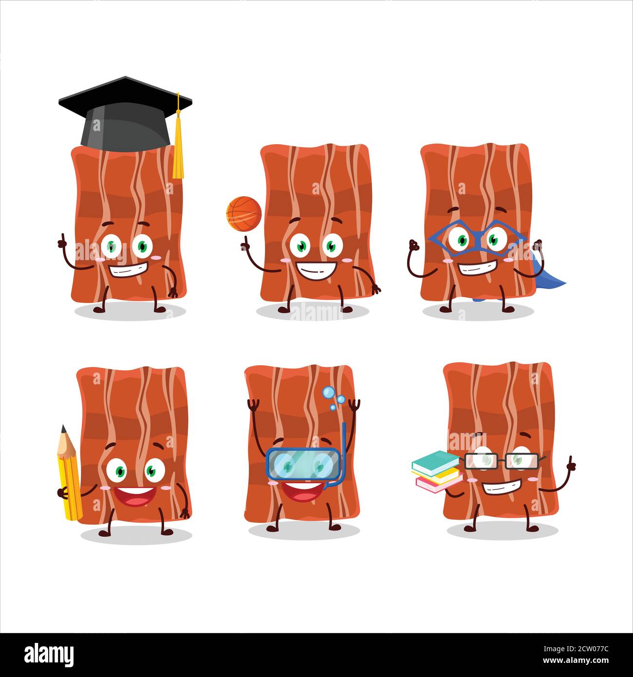 School student of fried bacon cartoon character with various ...