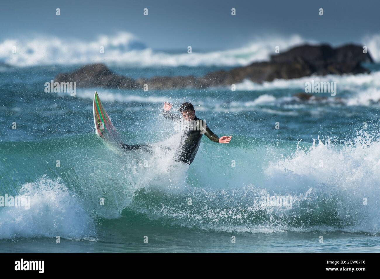 Wild dramatic surfing action at Fistral in Newquay in Cornwall Stock ...