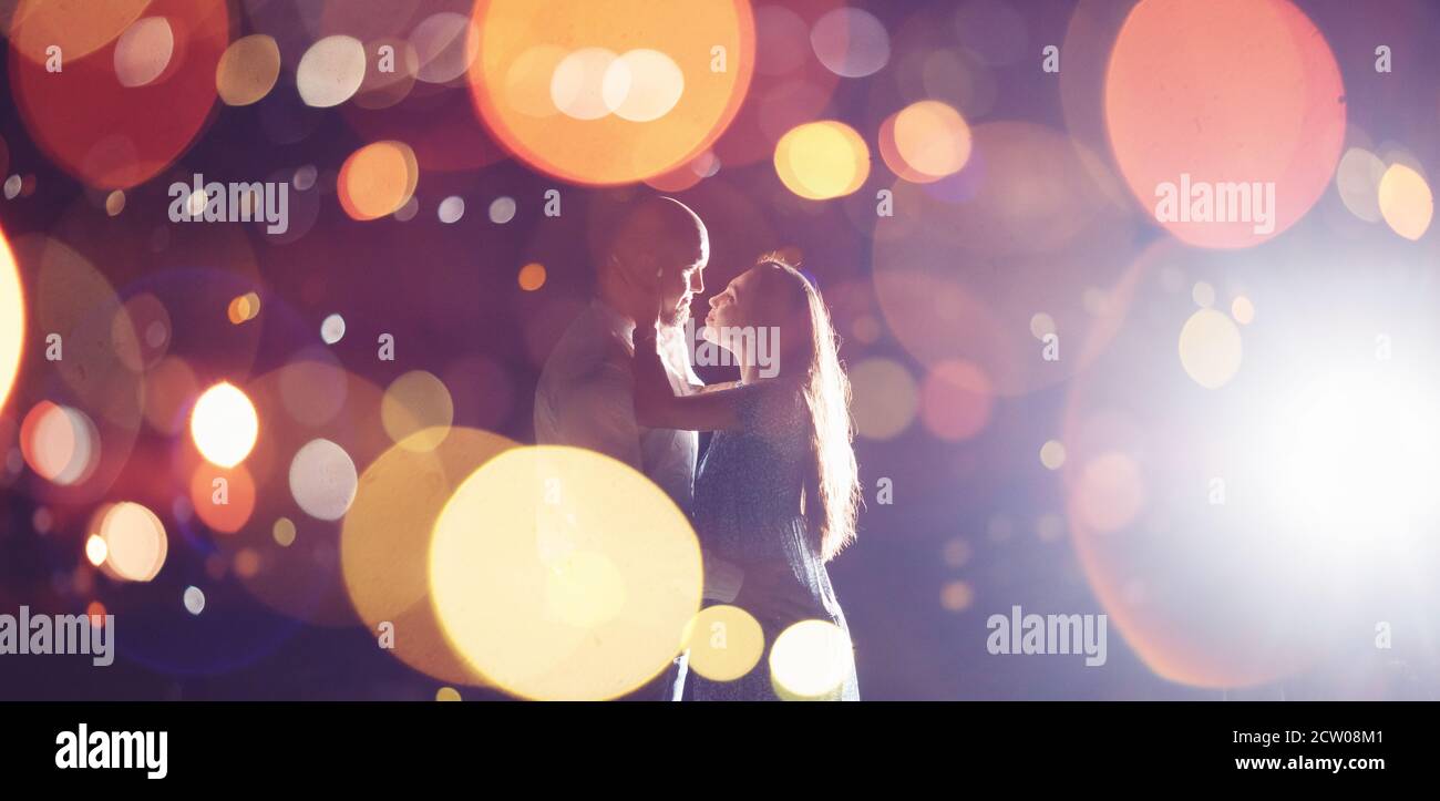 Romantic Lovers couple against background night city, sky star. Concept ...