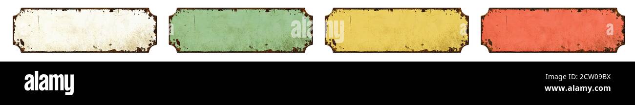 Four empty vintage tin signs on a white background Stock Photo - Alamy