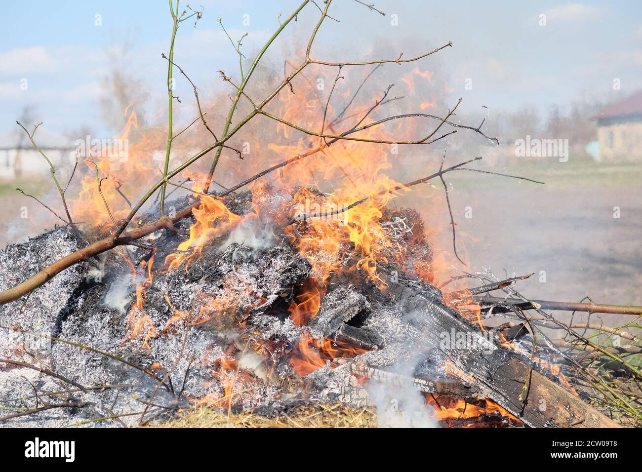 Big bonfire in the open air. A pile of ash from burnt boards and ...