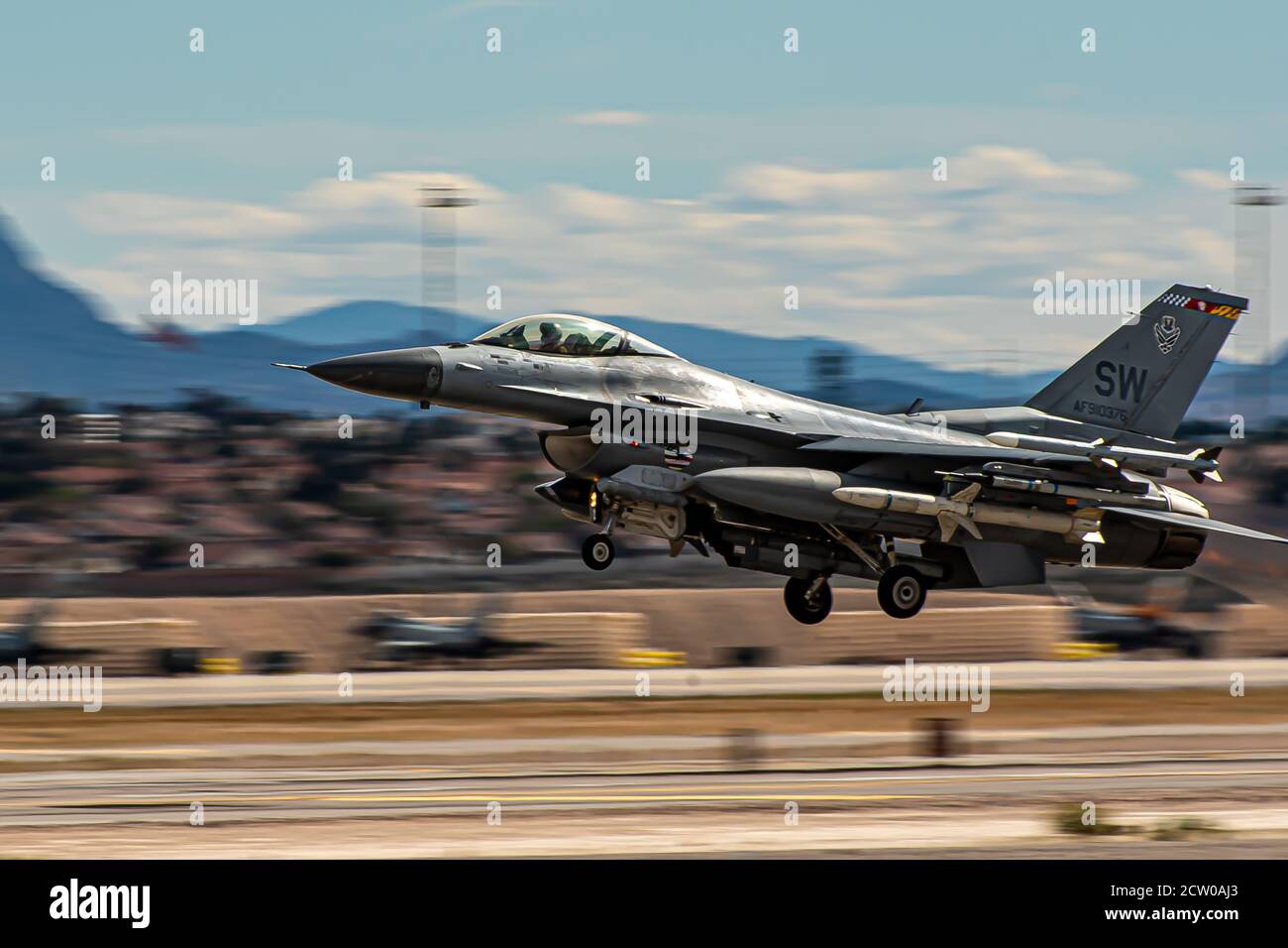 An F-16 Viper takes off at Nellis Air Force Base, Nevada, March 9, 2020 ...