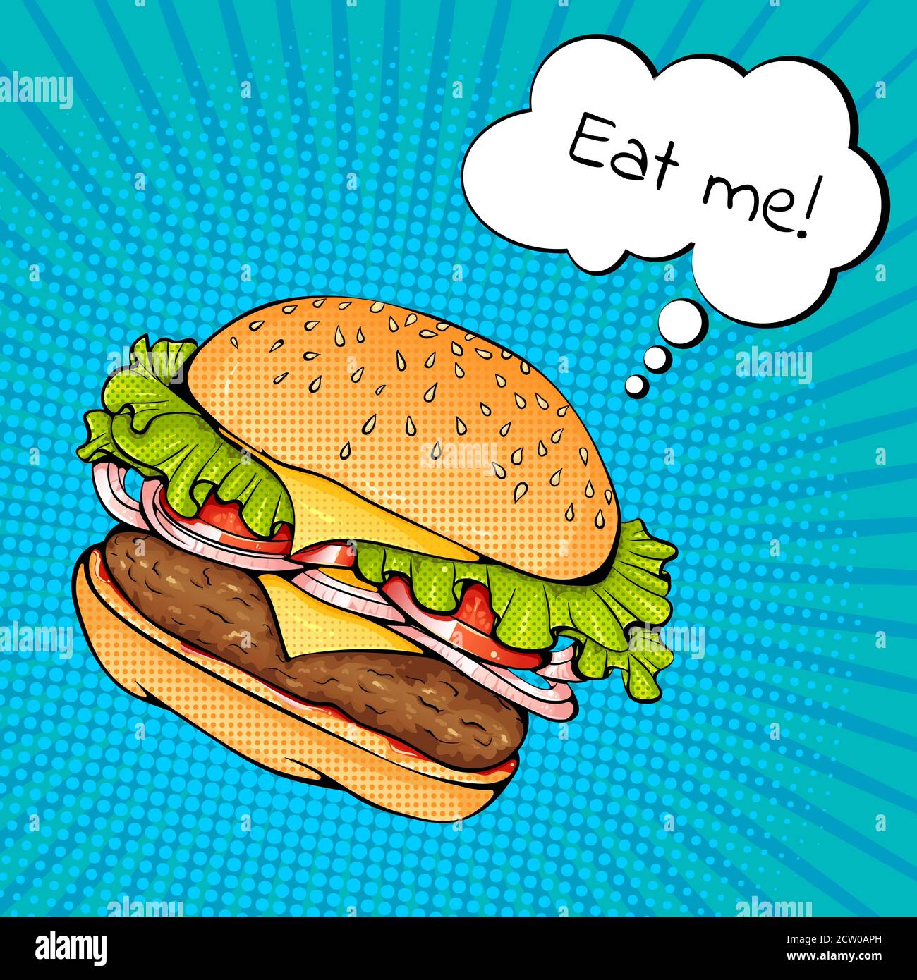 Burger with cheese and the speech bubble with the inscription eat me ...