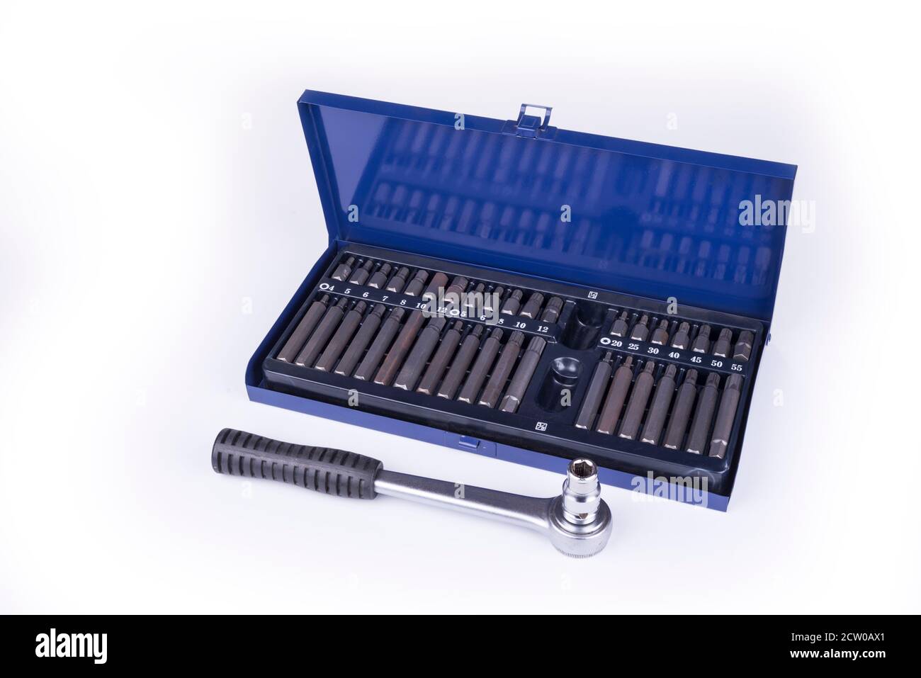 Ratchet with hexagonal and torx bits on a white Stock Photo - Alamy