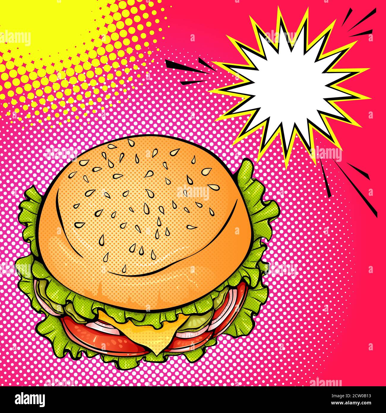 Burger top view. Vector bright color pop art illustration. Fast food ...