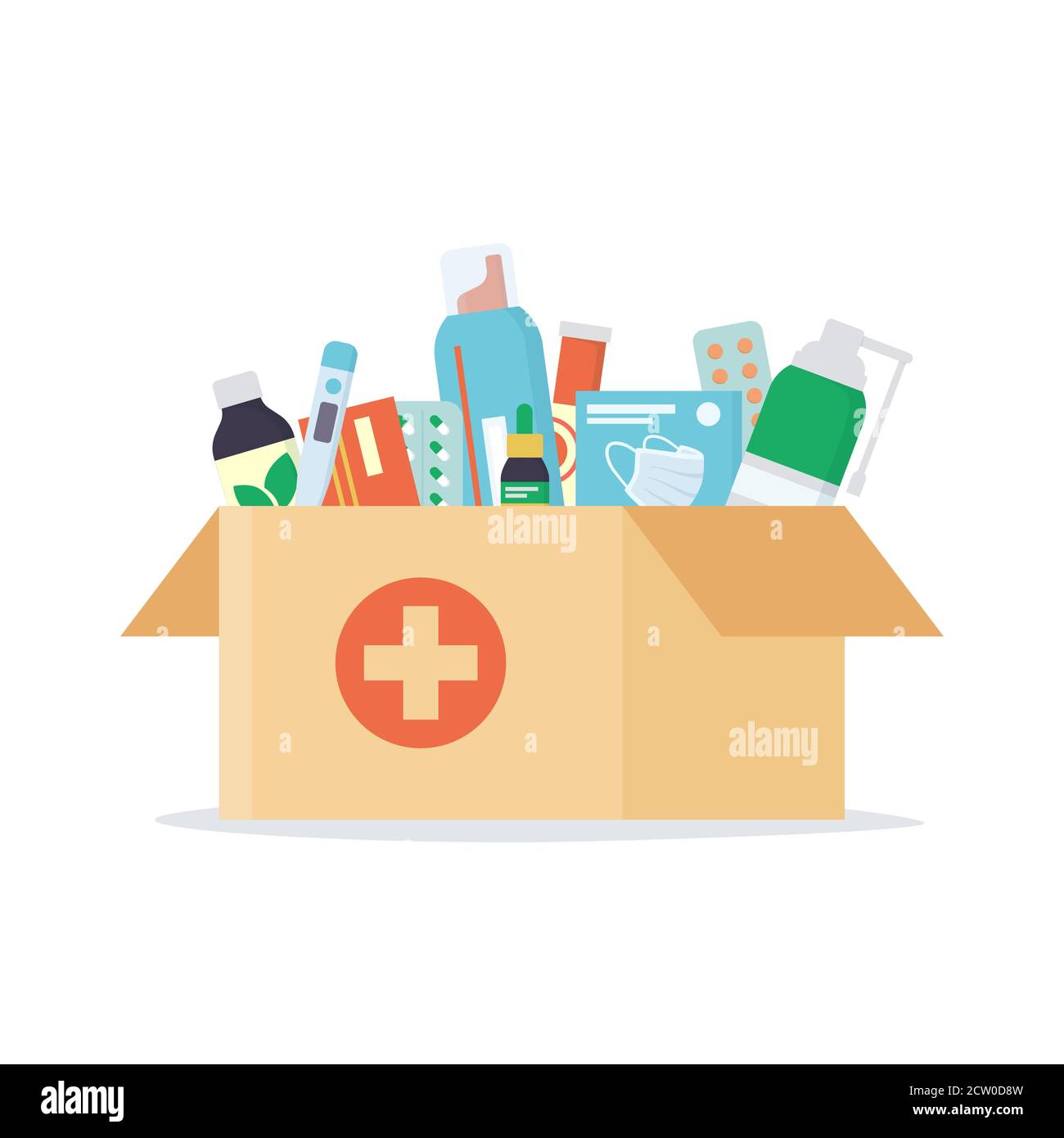 Open cardboard box with a set of drugs inside. Pharmacy vector concept ...