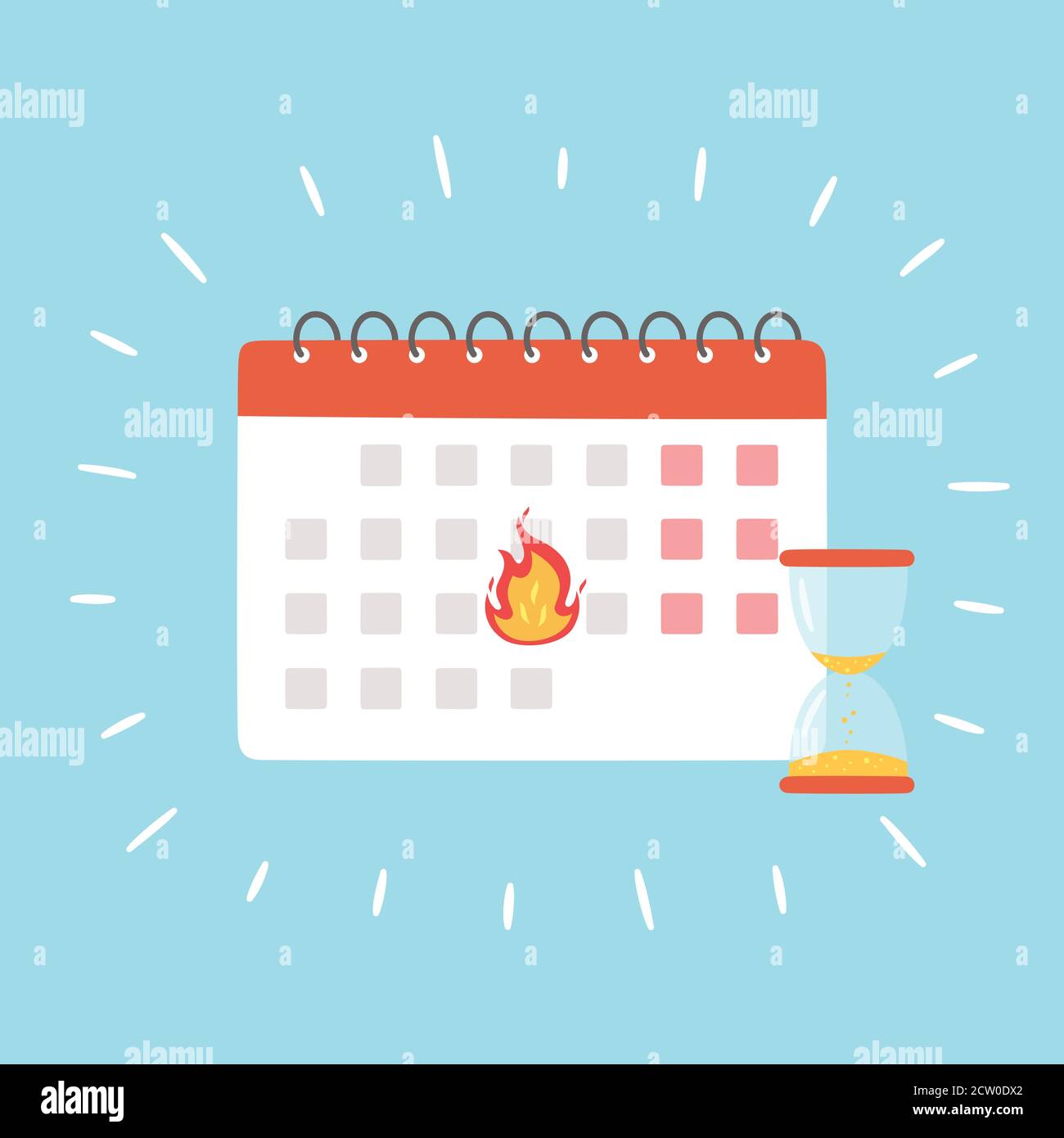 Deadline banner. Calendar with a burning date and hourglass as a symbol ...