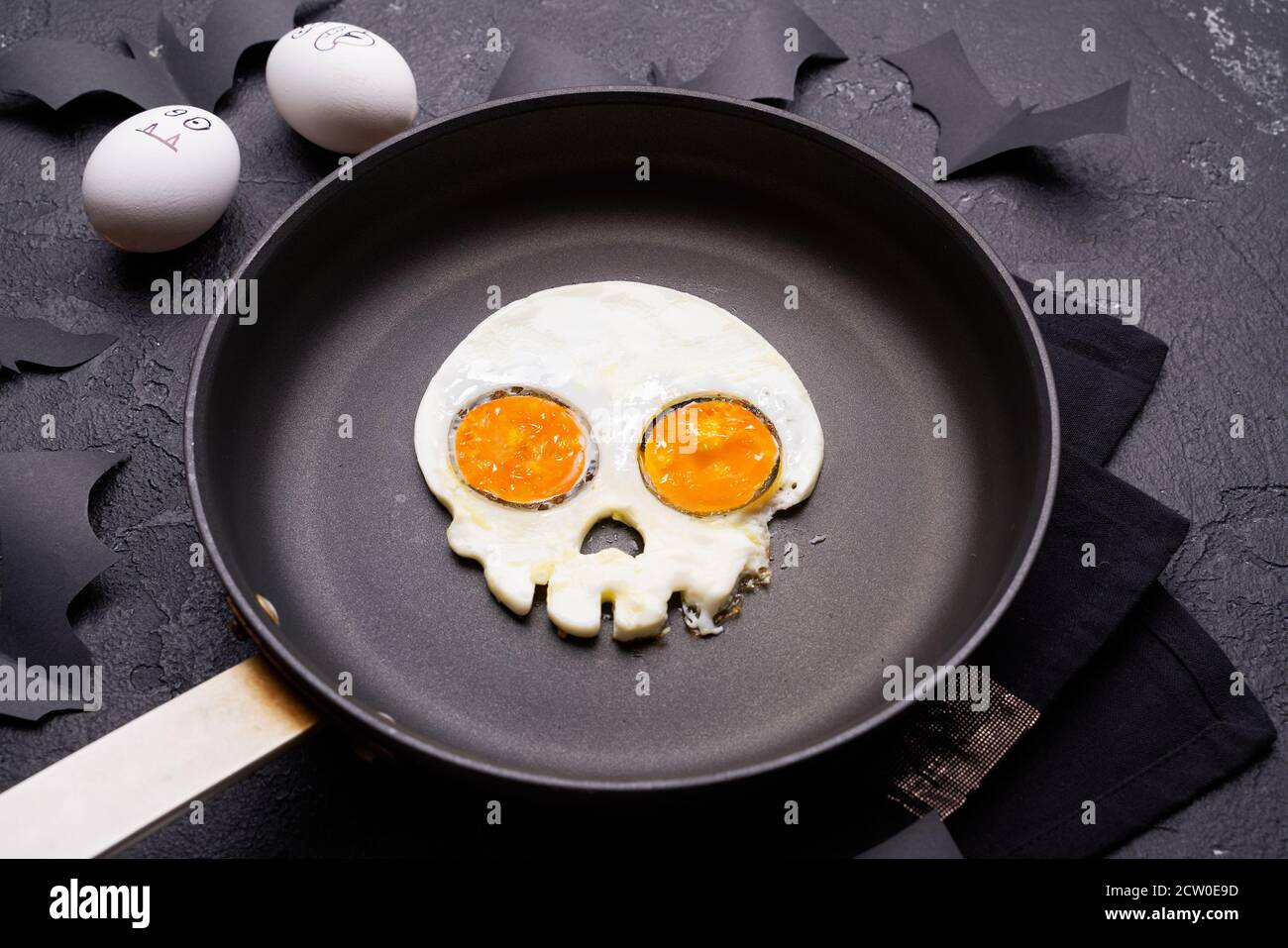 Fried eggs in the shape of a skull. Halloween breakfast Stock Photo - Alamy