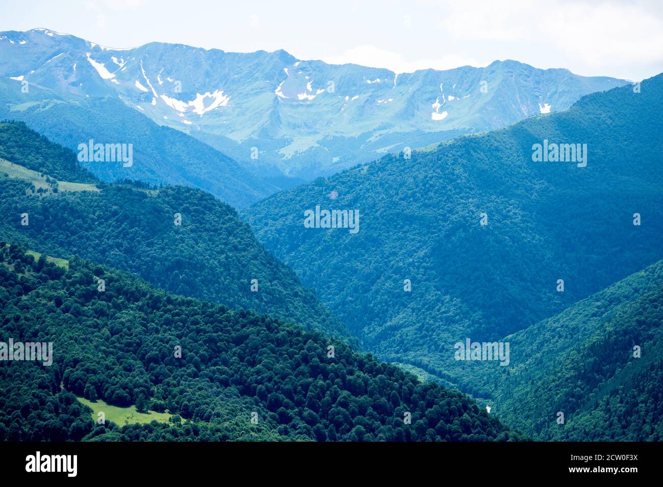 The mountain landscape, mountains, green trees, valley, glaciers Arkhyz ...