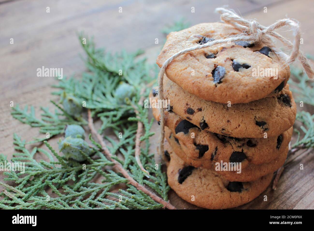 Christmas homemade chocolate chip cookies, and evergreen twigs on ...