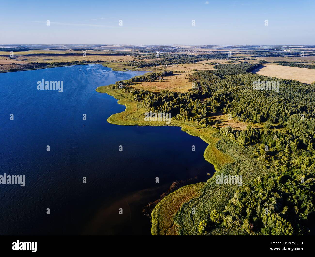 Aerial view of beautiful natural landscape. Old Oskol lake, Russia ...
