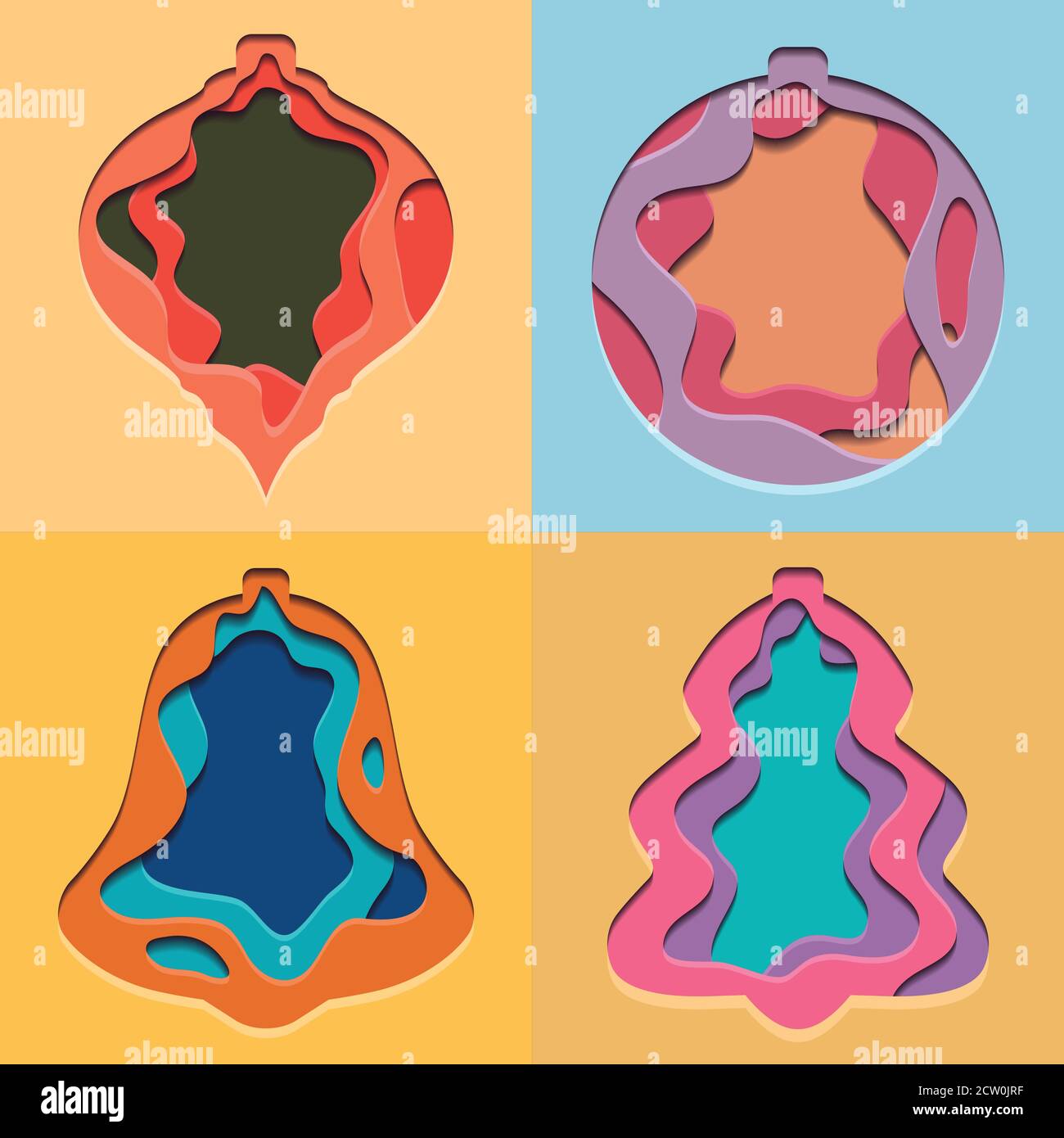 Set of 3d festive Illustrations of Christmas decorations cut from paper ...