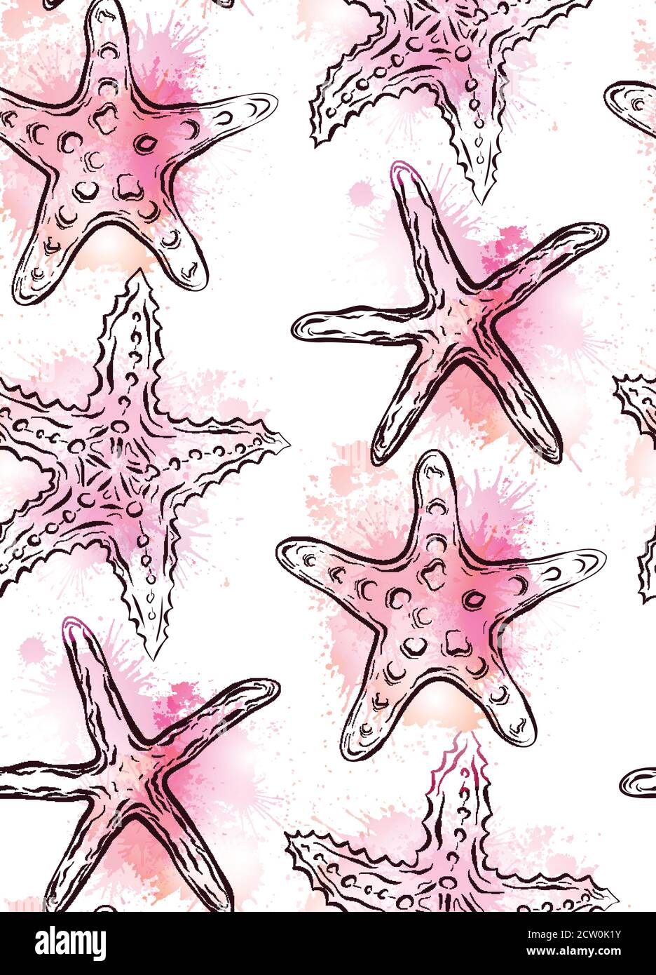 Seamless texture with contour starfishes with pink watercolor splashes ...