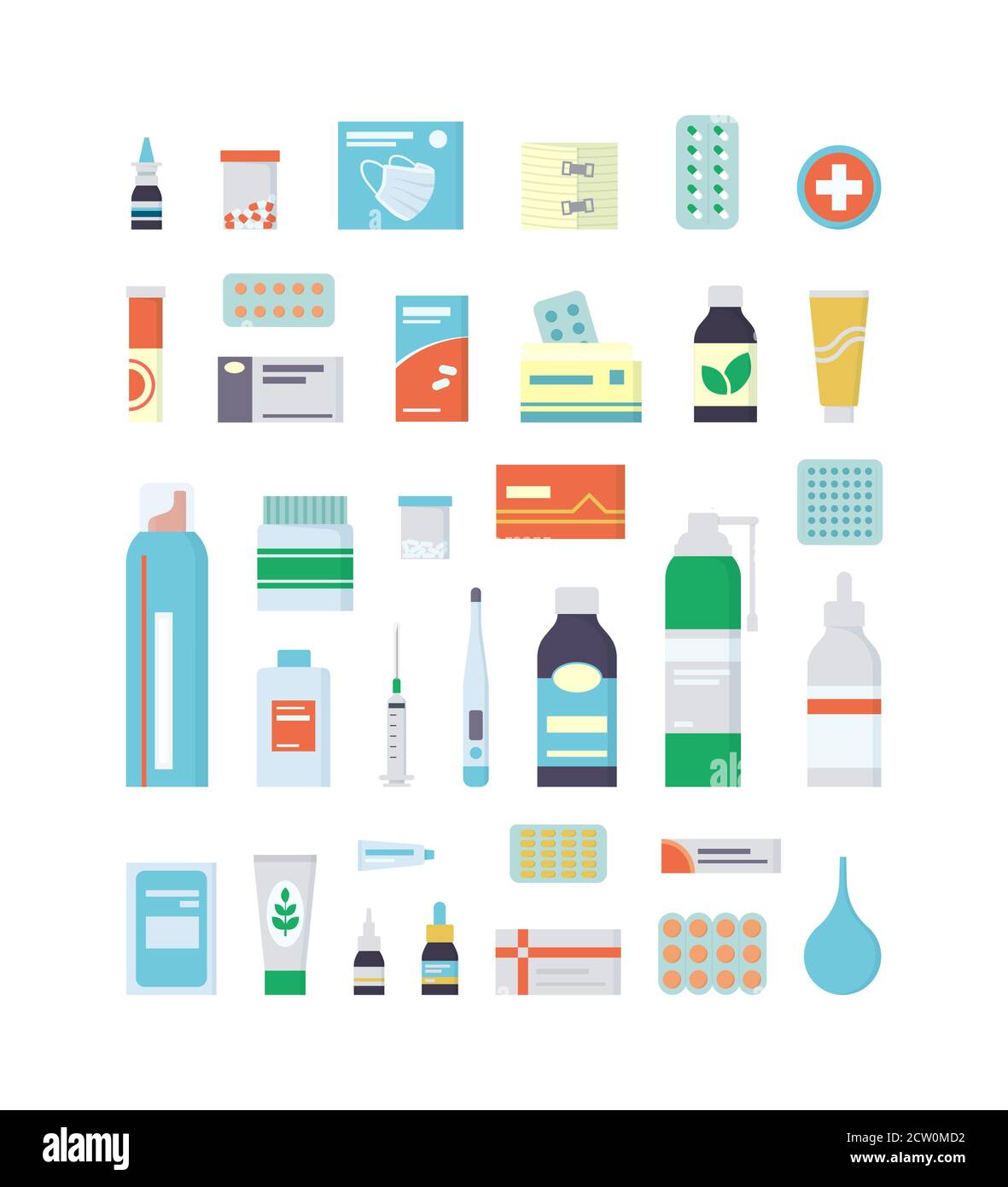 Set of medications, drugs, pills and bottles for first aid kit and ...