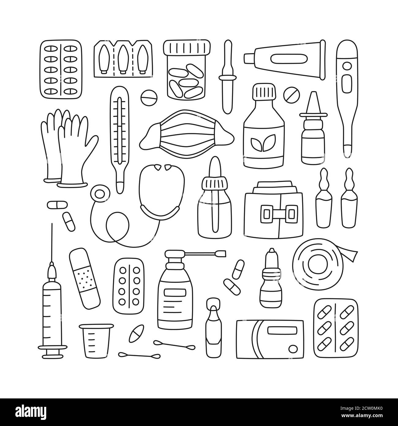 Set of hand drawn medications, drugs, pills and health care medical ...