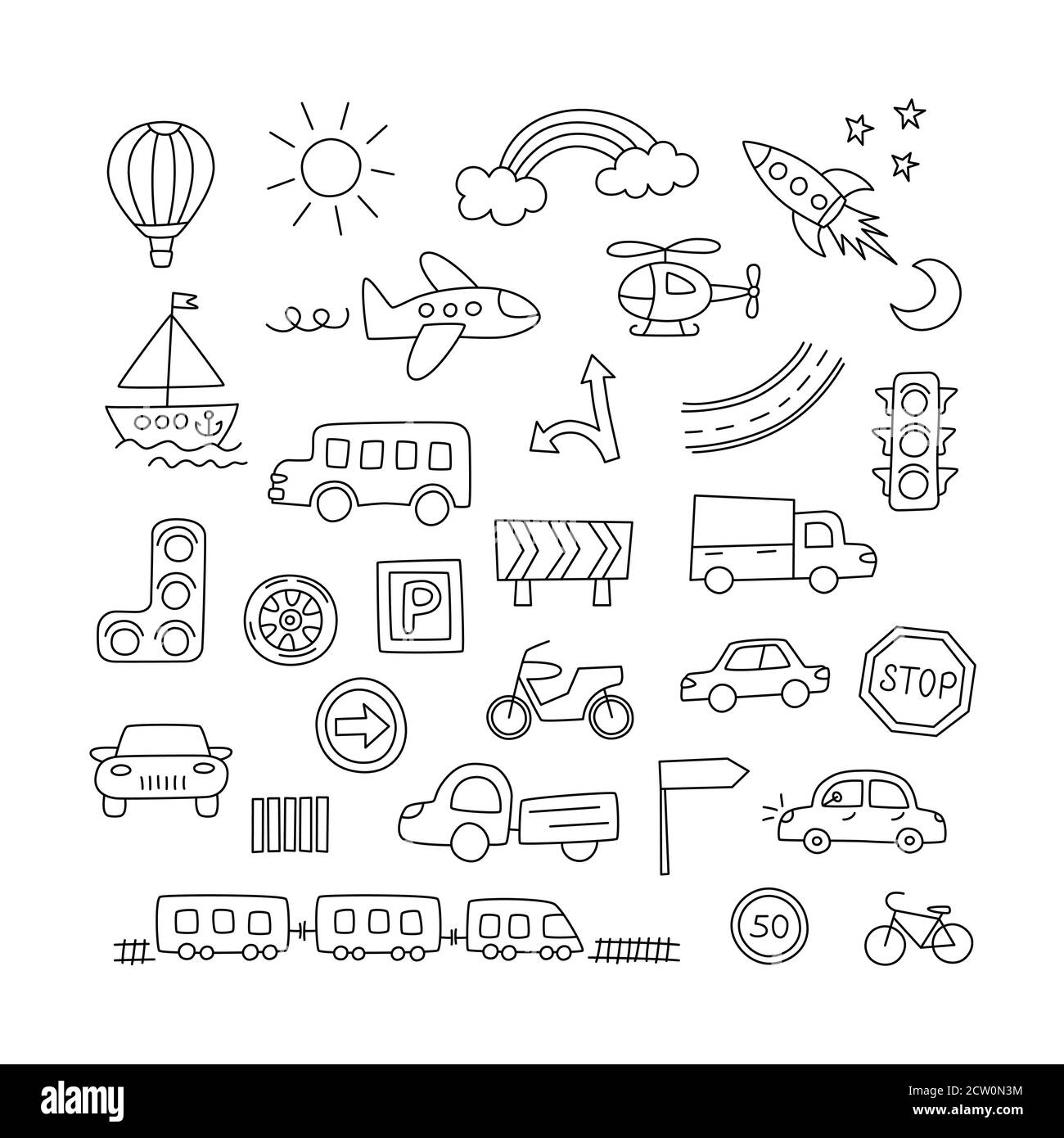 Children drawing of cars, train, plane, helicopter and rocket. Doodle ...