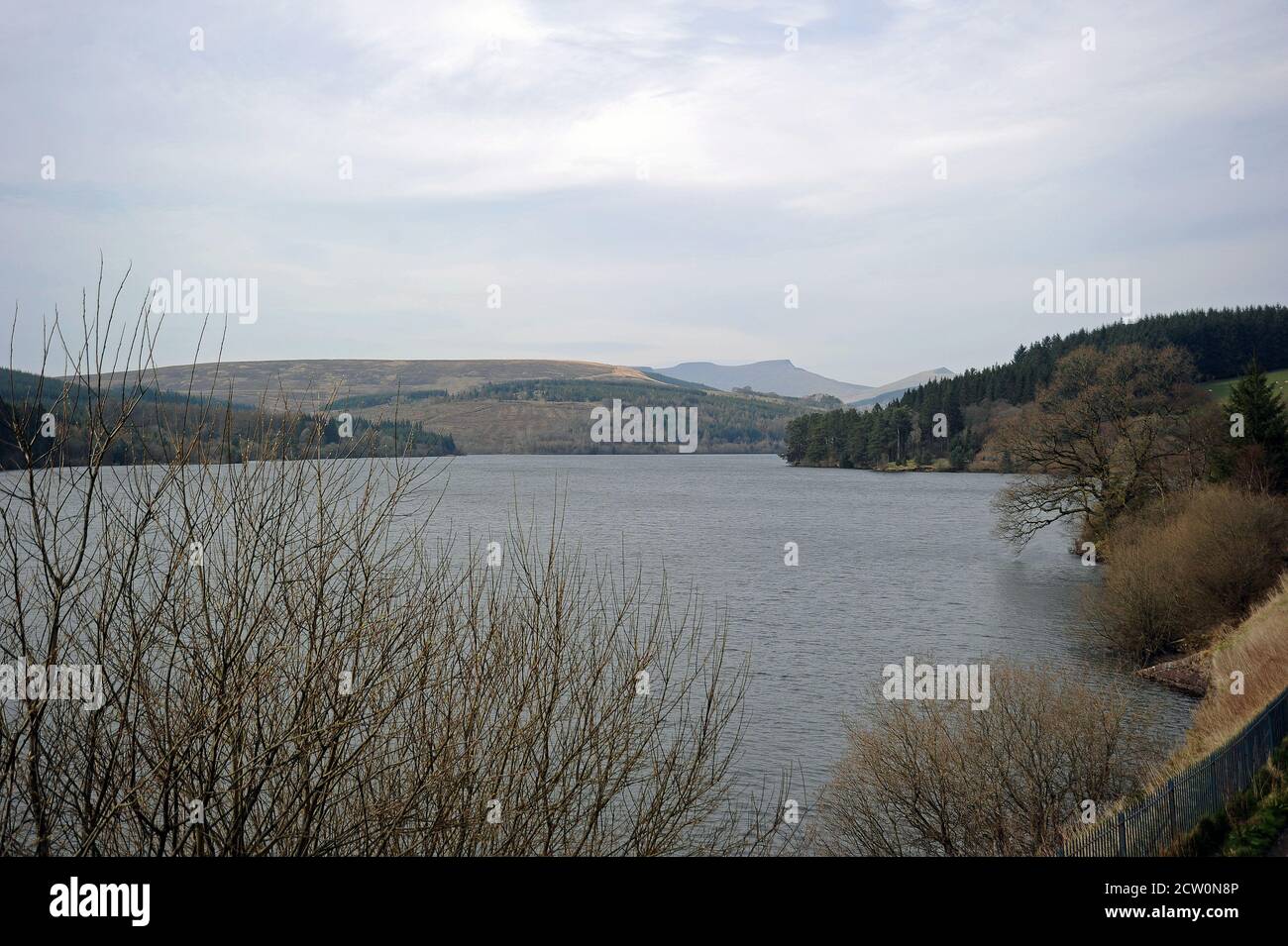 Taf Fechan reservoir with the three peaks of (l to r) Corn Du, Pen Y ...