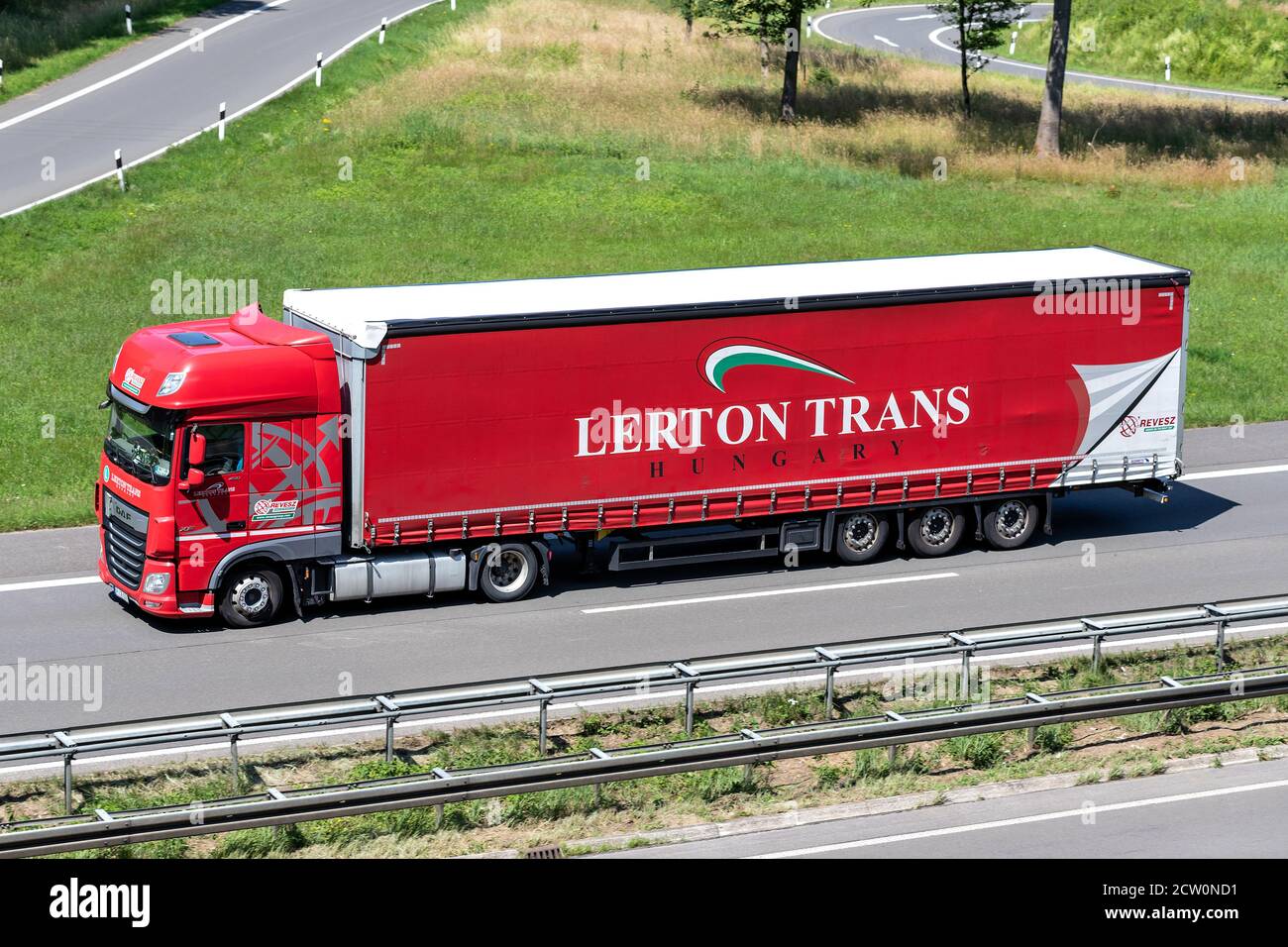 Lerton Trans DAF XF truck with curtainside trailer on motorway Stock ...