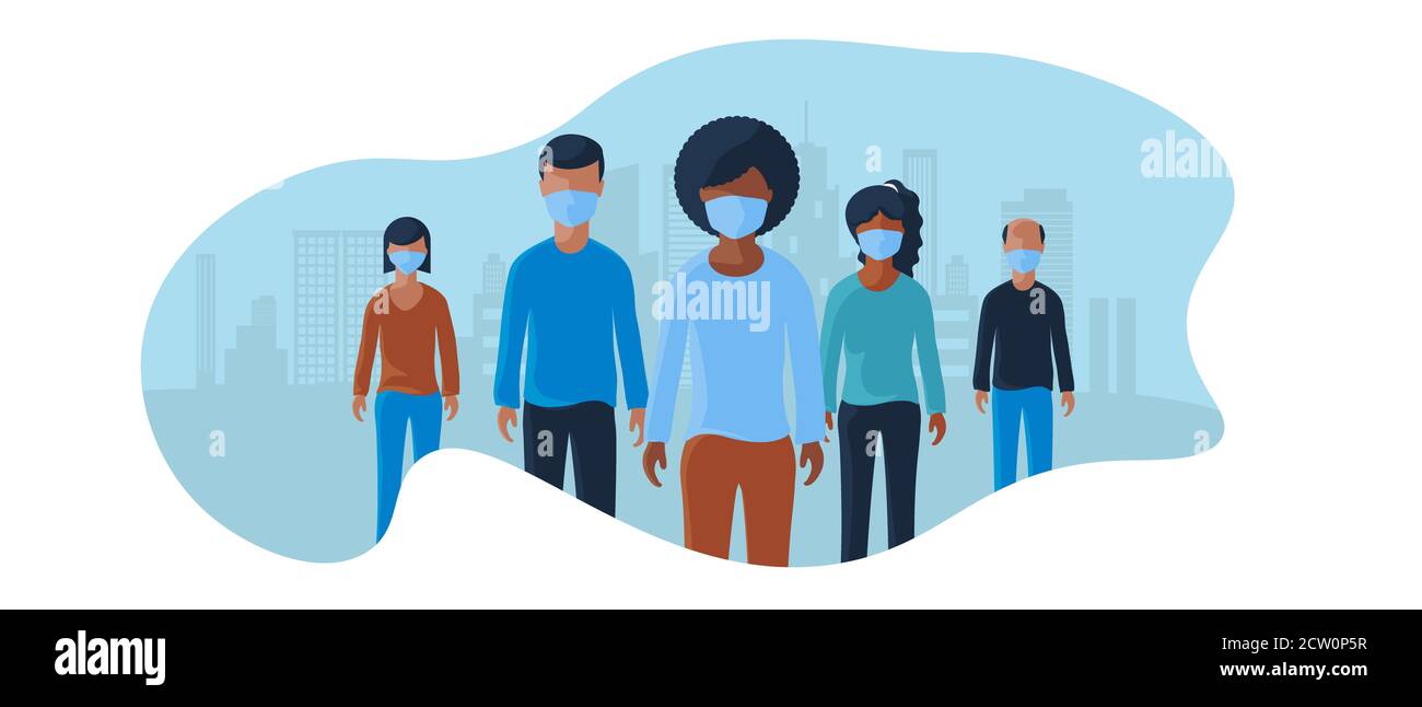 Illustration of five people wearing masks Stock Photo - Alamy