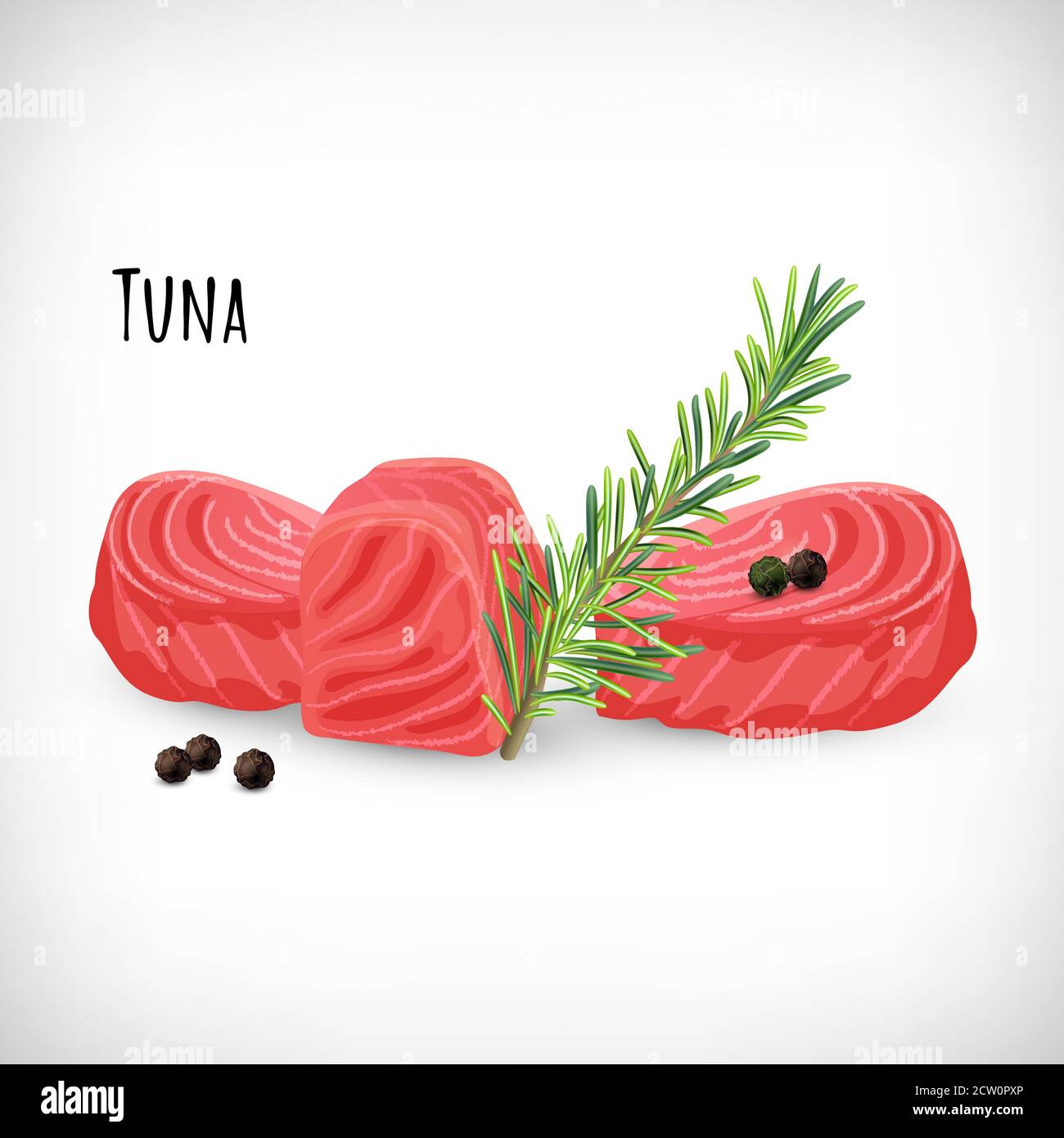Tuna meat cubes in flat style, rosemary twig, black peppercorns ...