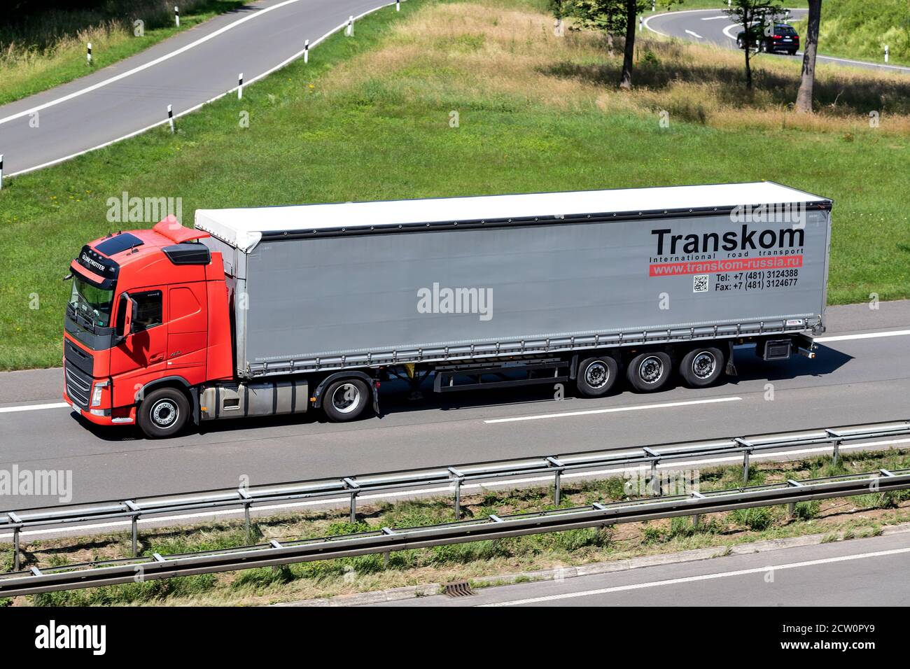Transkom Volvo FH truck with curtainside trailer on motorway Stock ...