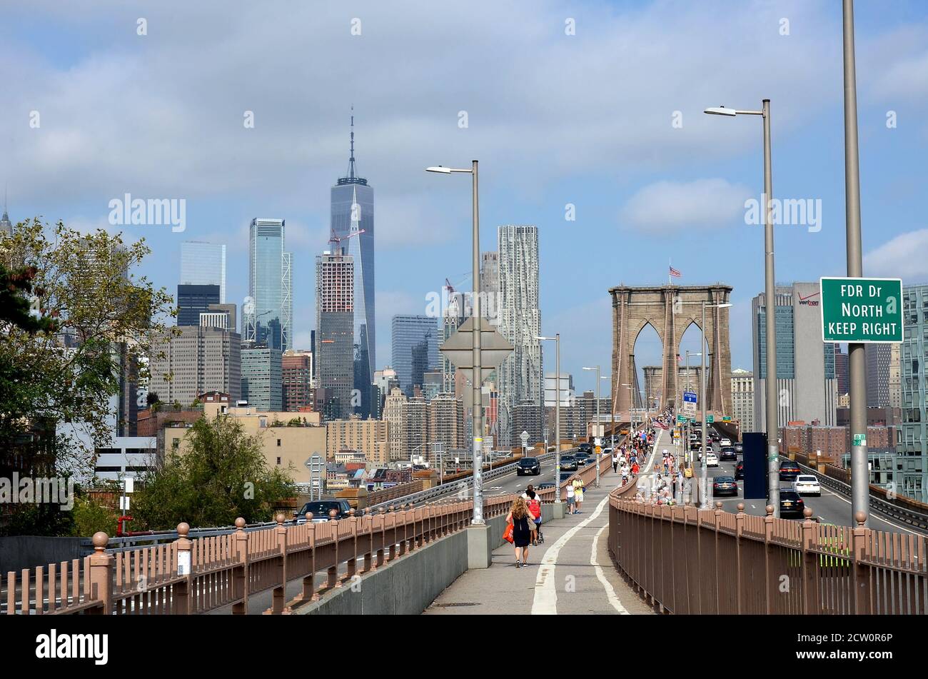 New York City Brooklyn Bridge promenade toward Manhattan Stock Photo ...