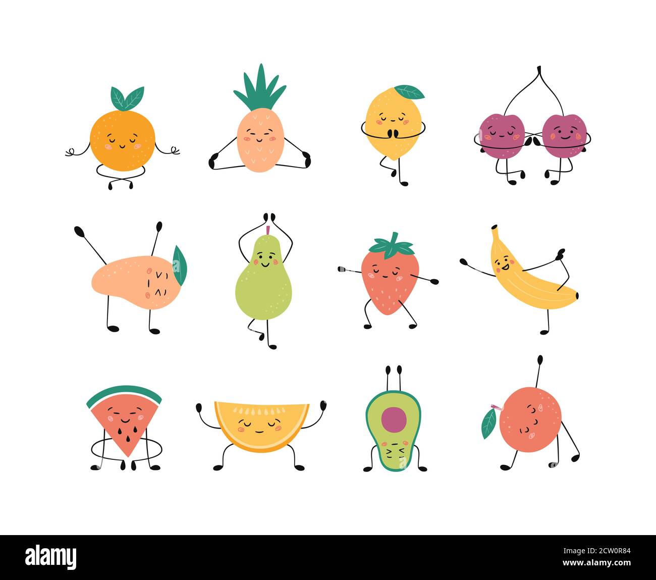 Cute fruits and berries in yoga pose. Apple, banana, pear and other ...