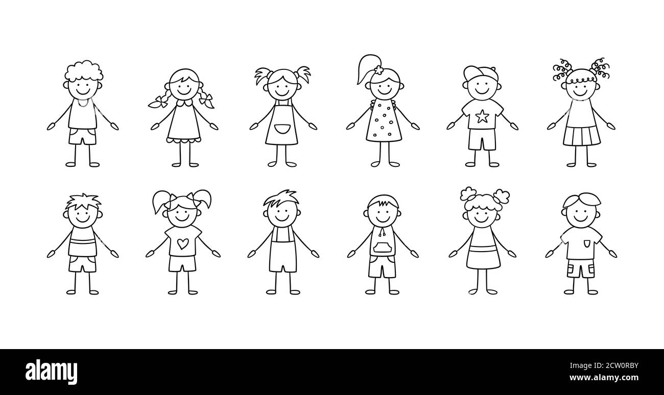 Set of funny children. Happy cute doodle kids. A set of isolated ...
