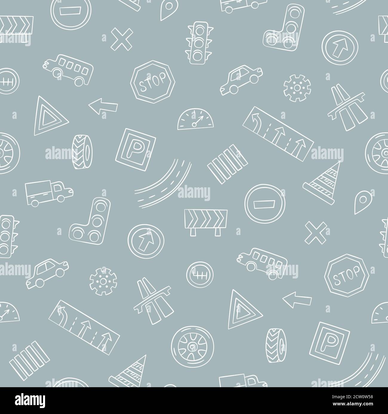 Doodle seamless pattern with cars, road signs, markings and traffic ...
