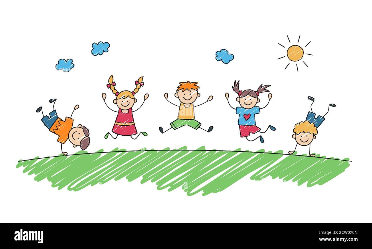 Happy children jump together in summer park. Funny jumping kids ...