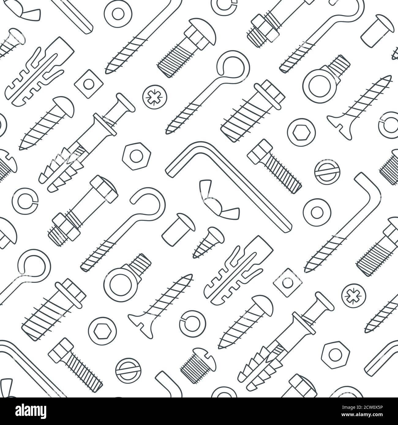 Seamless pattern of fasteners. Bolts, screws, nuts, dowels and rivets ...