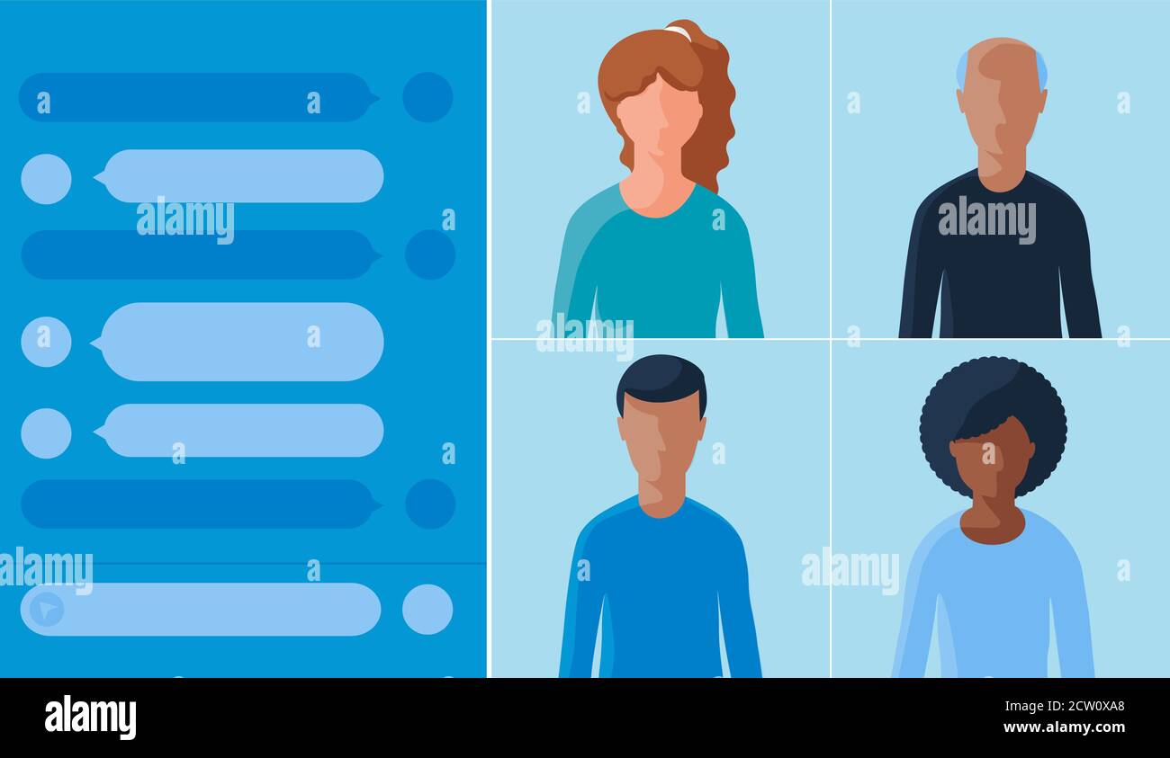 Illustration of four people and chat history on a screen Stock Photo ...