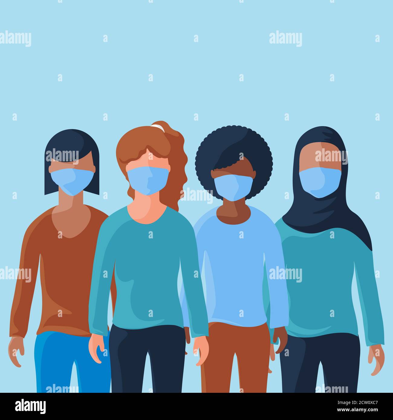 Illustration of four people wearing masks Stock Photo - Alamy
