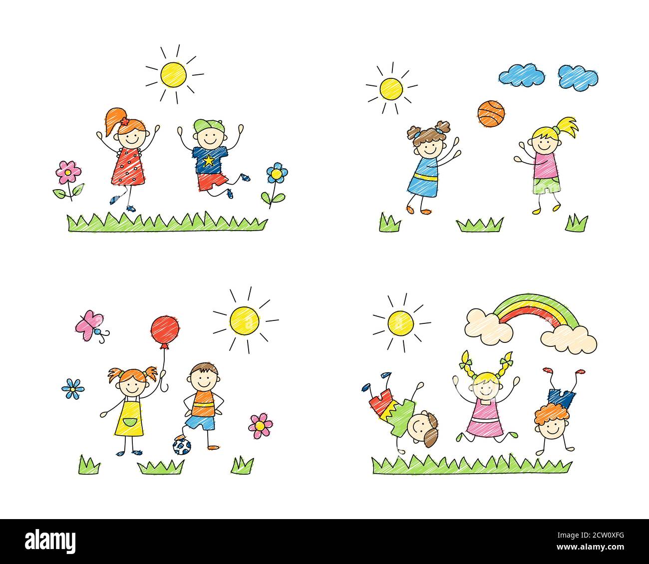 Happy children play on the grass. Cute doodle kids, boys and girls ...