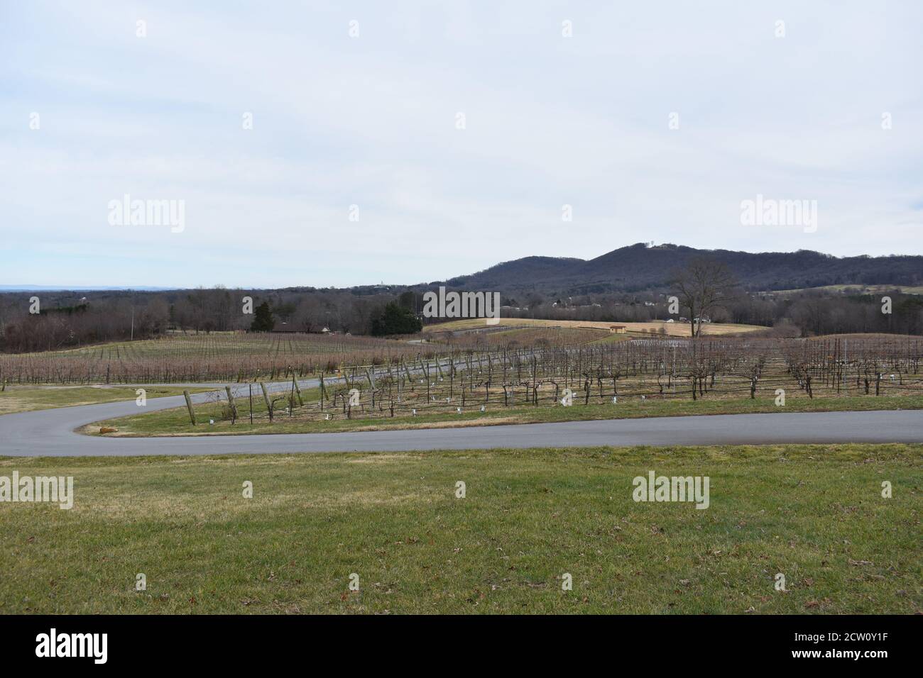 Closeup shot of a flat landscape with a curve road and fields with ...