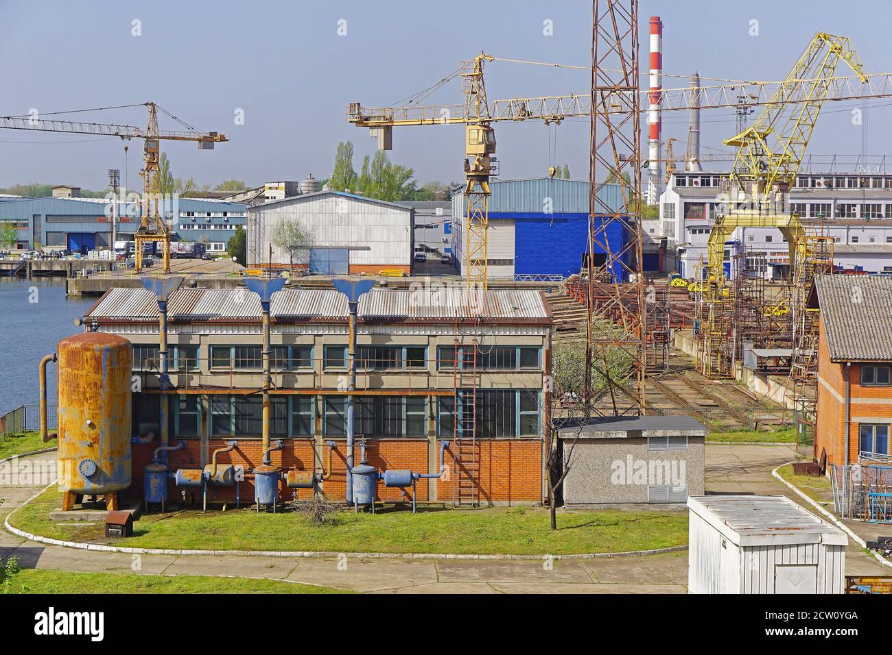 Shipyard for repair and maintenance vessels at river docklands Stock ...